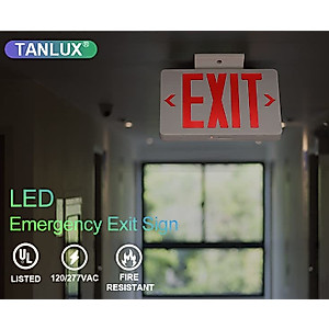 TANLUX Red Exit Sign, LED Emergency Exit Light with Battery Backup, UL Listed, AC 120/277V, Exit Signs with Emergency Lights, Commercial Emergency Lights for Business - 1 Pack