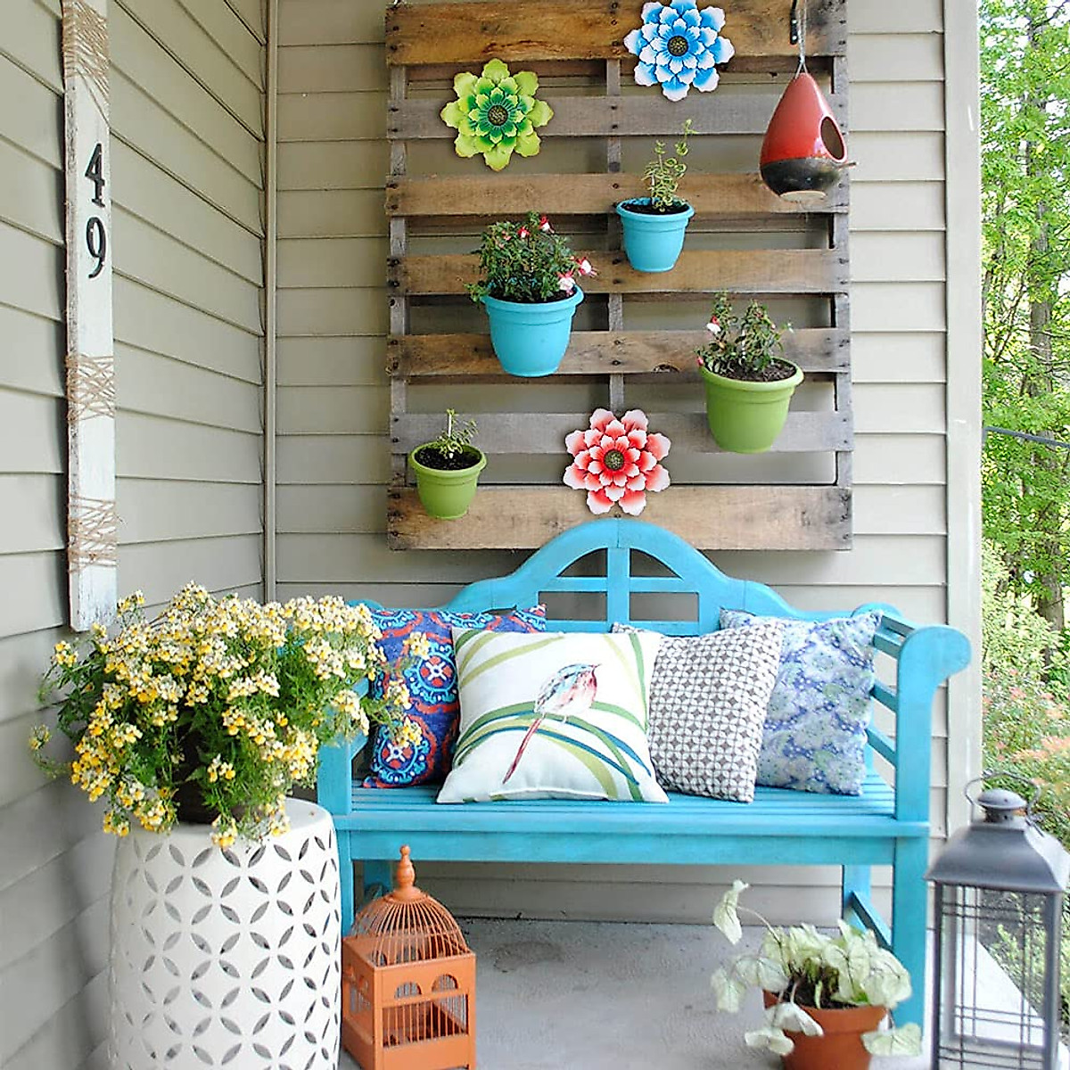 TIANCENTRAL H Rustic Metal Flower Farmhouse Home Decor Durable Wall Art Hanging Flowers for Living room Bedroom Bathroom Decor Indoor Outdoor Garden Decor Flowers Green/Rust Red/Blue Pack 3 by 12.5"