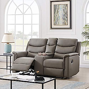 Faux Leather Manual Motion Reclining Loveseat Sectional Sofa Couch with 2 Cup Holders and Two Recliner Chaise ,PU Wall Hugger Sofa & Couch for Home Theater Apartment RV Living Room Furniture Sets