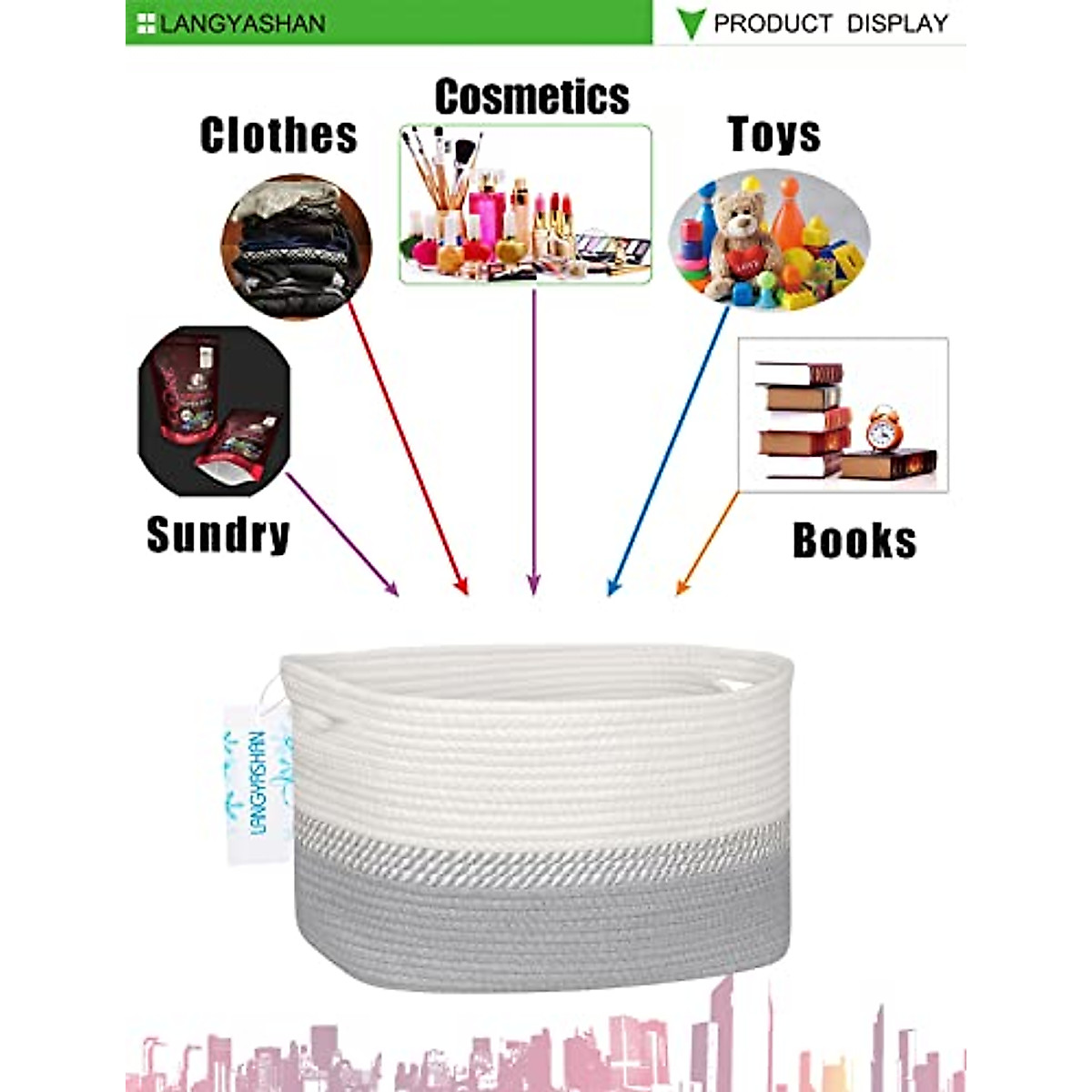 LANGYASHAN Rectangular Woven Rope Basket Decorative Blanket Basket for Living Room Storage or Nursery Laundry Basket Basket with Invisible Handles Laundry Hamper(Gray Invisible Handle)