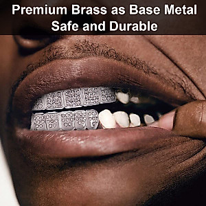 Gold Grillz Teeth Set Diamonds Grillz 18K Plated Gold Top & Bottom Grill Hip Hop Bling Iced Out Grillz for Women Men Kids Costume Cosplay with Molding Bars Silver