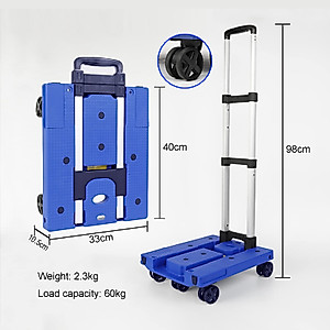 Generic Hand Trucks Folding Hand Truck, Car Luggage Transport Trolleys, 60kg Capacity Heavy Duty 4-Wheel 360° Rotating Cart, Easy to Store (Color : Blue) (Blue)