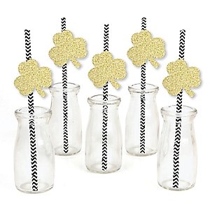 Gold Glitter Shamrocks Party Straws - No-Mess Real Gold Glitter Cut-Outs & Decorative St. Patrick's Day Party Paper Straws - Set of 24
