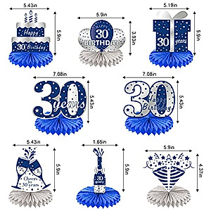Kauayurk 8Pcs 30th birthday Honeycomb Centerpieces Decorations for Men, Blue Silver Happy 30 Table Centerpiece Party Supplies,Thirty Year Old Topper Decor Sign