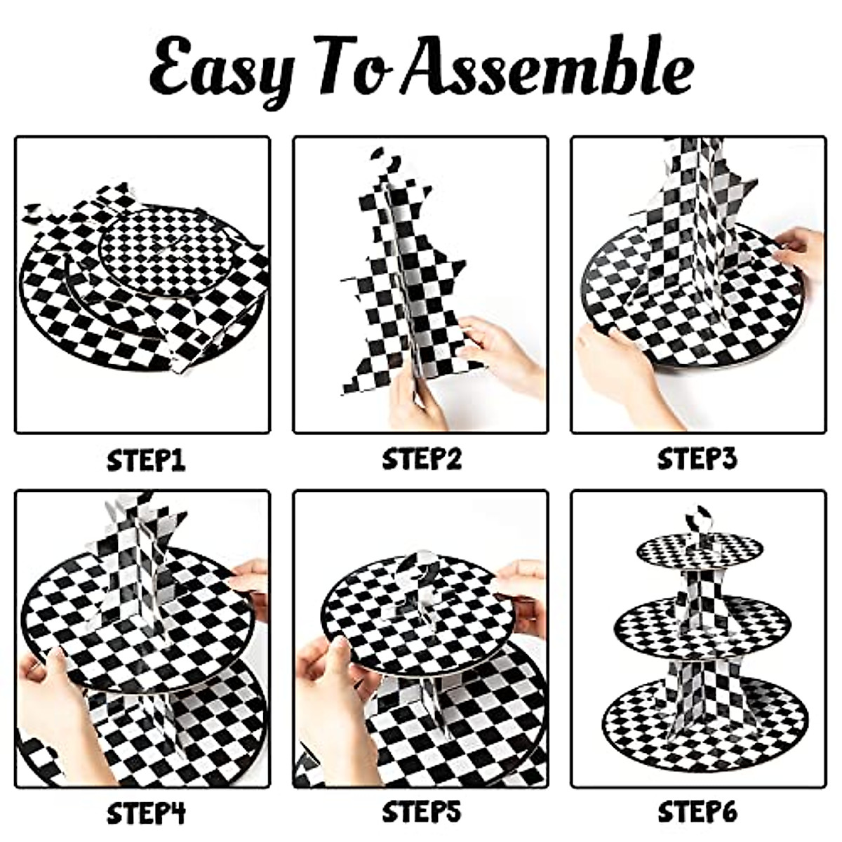Haooryx 7Pcs Checkered Cupcake Stand Set, 2 Black White Checkered 3-Tier Cupcake Tower Cardboard Dessert Holder 1 Round Cake Stand Platters 4 Rectangle Serving Tray for Theme Birthday Party Supplies