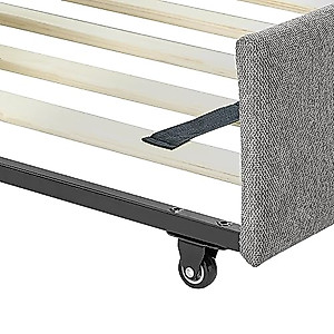 Flieks Twin Size Upholstered Daybed with Two Drawers, Linen Fabric Upholstered Sofa Bed, Wheeled Storage Daybed with Wood Frame, No Box Spring Needed, Gray