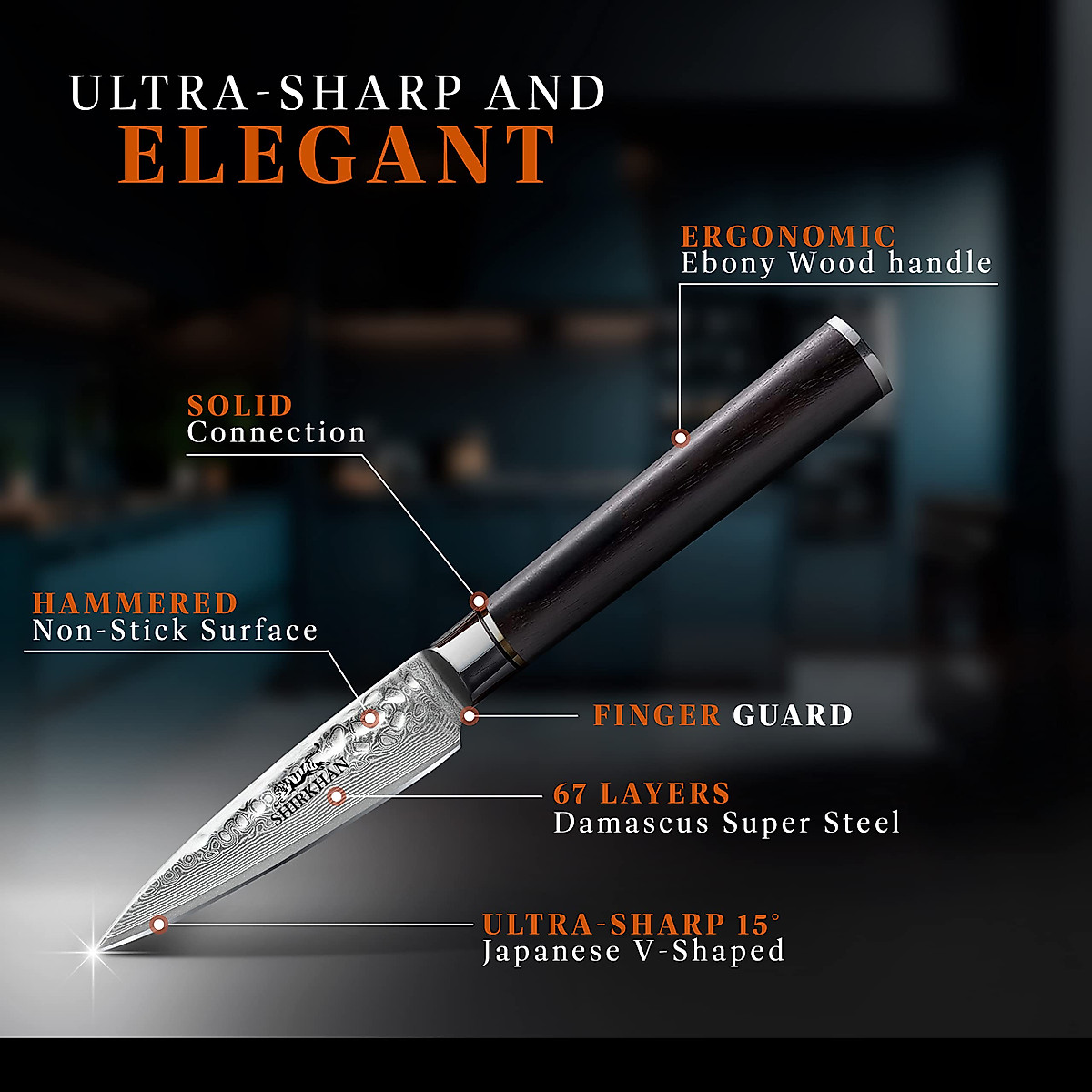 SHIRKHAN Damascus Paring Knife 3.5 Inch - Ultra Sharp Japanese Kitchen Fruit Knife - 67 Layers High Carbon Hand Hammered Steel Blade 10Cr15CoMoV - Ergonomic Ebony Wood Handle - Gift Box