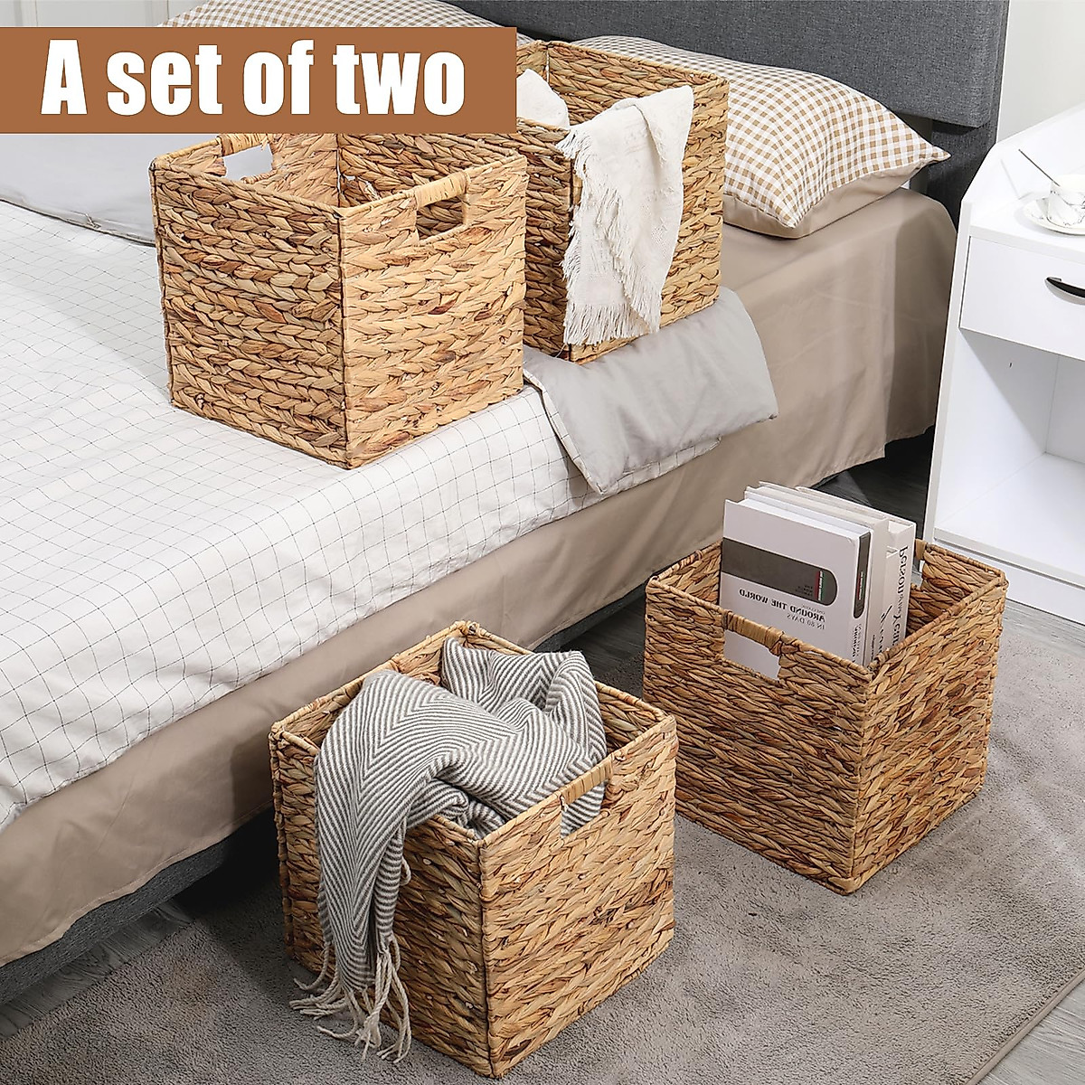 Wicker Storage Basket Water Hyacinth Woven Basket Wicker Storage Cubes,Foldable Baskets for Shelves,Handwoven Laundry Totes for Bedroom,12x12x12inch,Set of 2
