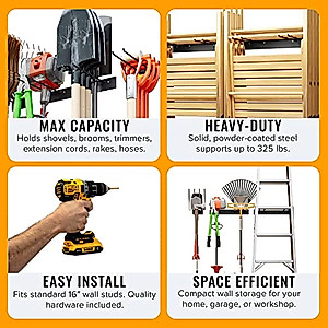WIDEWHEEL Tool storage rack, garage wall mounted (with 6 hooks), heavy garden tool rack, can withstand 350 pounds, and can place brooms, mops, shovels, trimmers, water pipes, chairs, and More