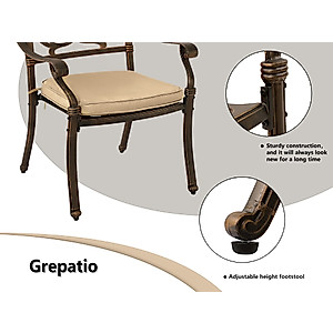 Grepatio 5 Piece Cast Aluminum Patio Dining Set Outdoor Furniture Set Patio Garden Set with 4 Ding Chairs, 4 Cushions and 35.4" Square Patio Table 2.4" Umbrella Hole, Antique Bronze (Khaki)