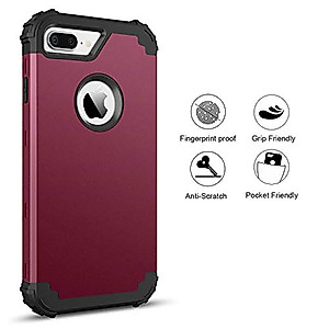 BENTOBEN Case for iPhone 8 Plus/iPhone 7 Plus, 3 Layer Hybrid Hard PC Soft Rubber Heavy Duty Rugged Bumper Shockproof Anti Slip Full-Body Protective Phone Cover , Wine Red
