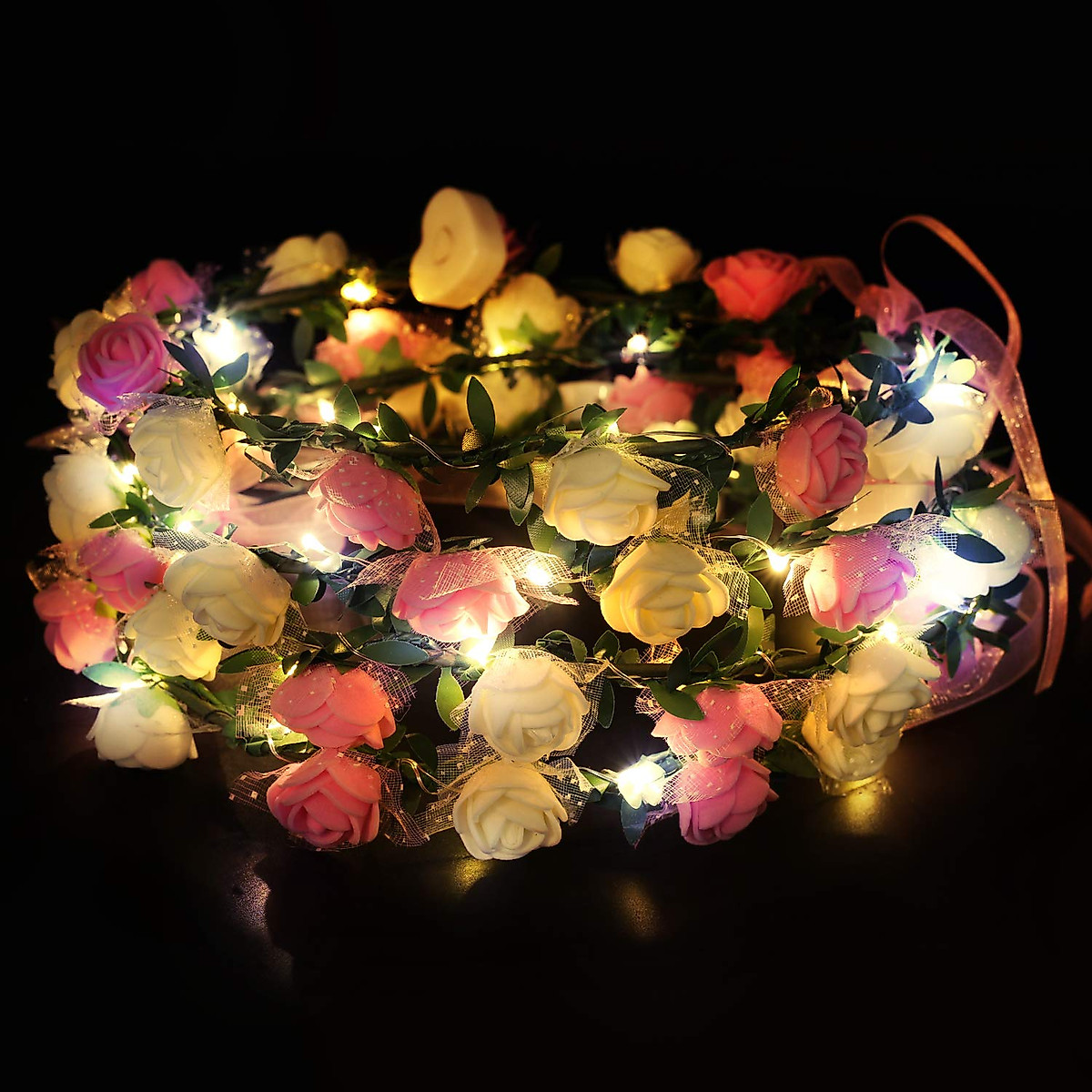 Novelty Place 4Pcs Light Up Flower Crown Headbands - LED Floral Wreath Crown LED Hair Accessories for Girls, Women Wedding, Birthday, Festival Party