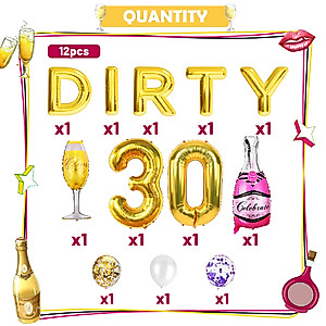 12PCS Dirty 30 Balloons, Gold Dirty Thirty Balloons/30th Birthday Decoration, Champagne Glass Balloon Decor for Men Women, Cheers to 30 Years Old Birthday Foil Balloons for Outdoor