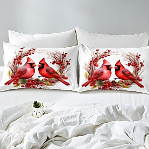 jejeloiu Red Cardinals Bedding Set Queen Size Kids Pine Cones Comforter Cover Set for Boys Girls Teens Cute Birds Duvet Cover Romantic Love Bedspread Cover Room Decorations Quilt Cover