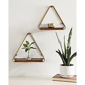 Kate and Laurel Tilde Midcentury Triangle Wall Shelves, Set of 2, 12 x 4 x 10.5, Walnut and Gold, Decorative and Functional Modern Floating Wood Shelves with Geometric Design