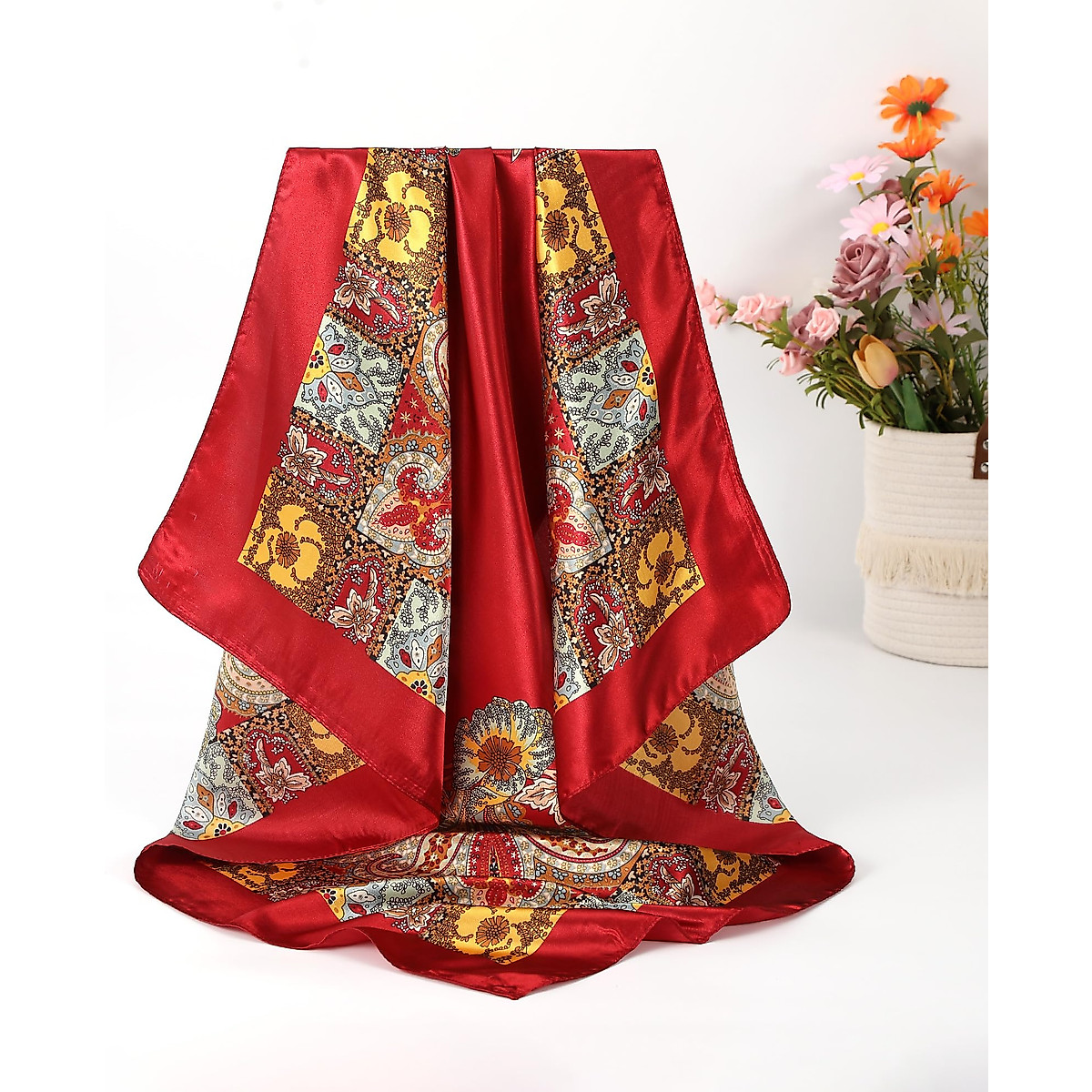 AWAYTR 35" Large Silk Hair Scarf for Women - 4Pcs Satin Head Scarf Square Hair Bandanas Floral Wild Rag Sleeping Head Wraps (Cashew(Black/Olive Green/Red/Pink))