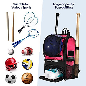 Baseball Softball Bag for Girls and Adults, Baseball Bag with Separate Shoe Compartment, Large Baseball Backpack, Softball Backpack with Fence Hook, Baseball Bat Bag with 4 Side Sleeves Pink