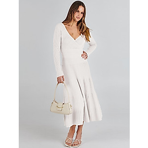 ANRABESS Womens Wrap Midi Sweater Dresses Long Sleeve V Neck Bodycon High Waist Ribbed Knit Pleated A-Line Dress 2024 Trendy X-Large White