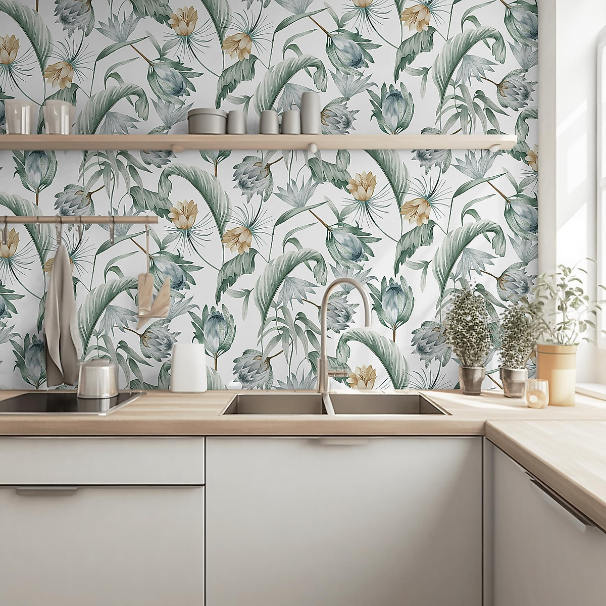 GloryTik 16.14" x 78.7" Green Leaf Floral Peel and Stick Wallpaper - Green and Blue Contact Paper, Removable Self-Adhesive, Waterproof Mural for Room Walls, Cabinets Decor