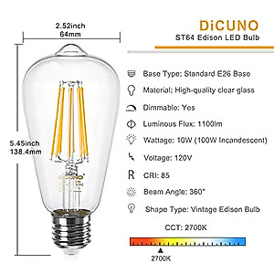 DiCUNO ST64 Edison Bulb Dimmable, Vintage LED Filament Light Bulbs, Warm White 2700K, 10W (100 Watt Equivalent), 1100 Lumens, 120V, E26 Standard Medium Base Clear Glass Retro Lighting, 6 Packs