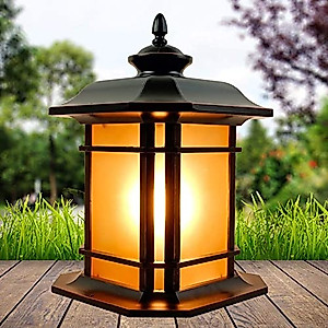 MODEBHD Aluminum Waterproof Antique 1-Light Outdoor Garden Post Light Lawn Lighting Fixture, Vintage Patio Pillar Lamps with One E27 Base, Cast Housing, Glass Panels Pillar Lights