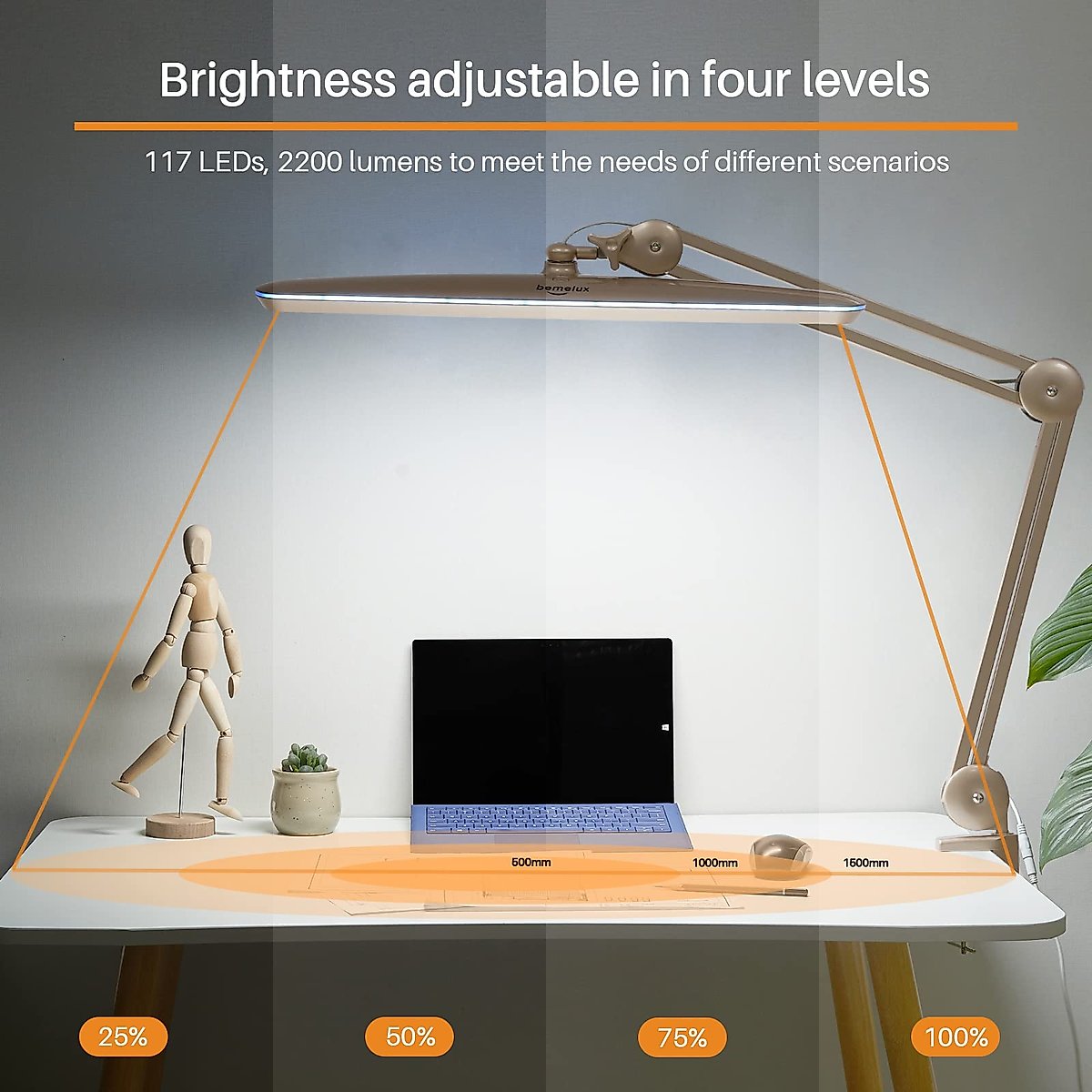 bemelux Task Lamp with Clamp, Bright 117PCS LEDs, Metal Swing Arm 24W 2200 Lumen Dimmable Led Desk Lamp for Architect Home Office Study Reading Dorm Workbench Craft, 23 Inch Lamp Head Work Lamp
