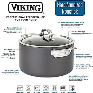 Viking Culinary Hard Anodized Nonstick Stock Pot, 8 Quart, Includes Glass Lid, Dishwasher, Oven Safe, Works on All Cooktops including Induction, Gray