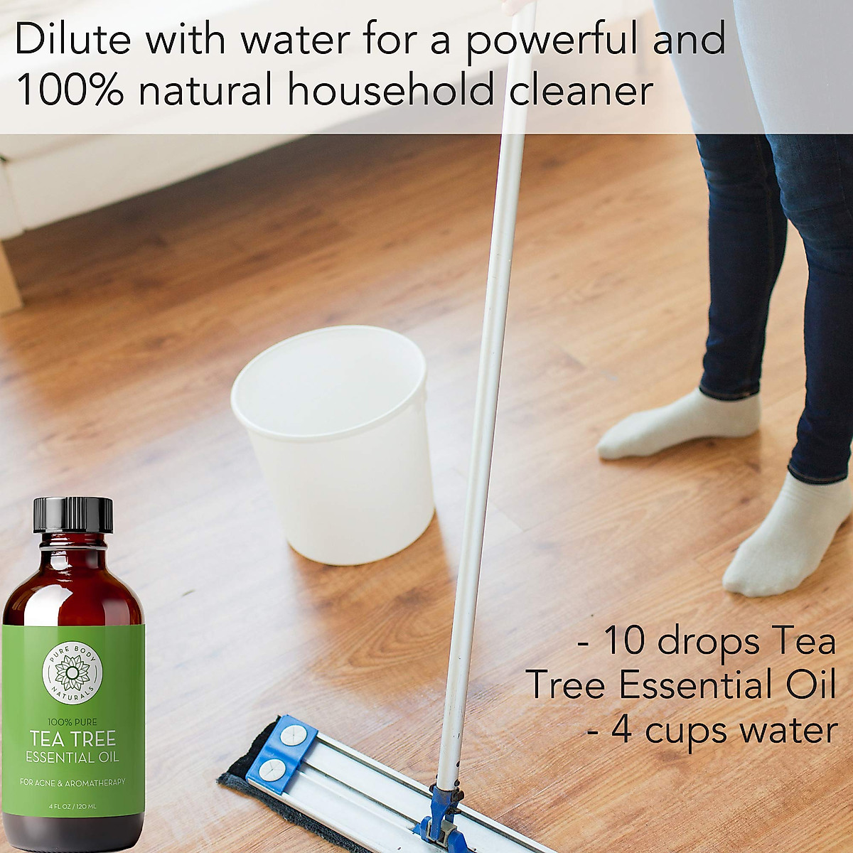 Pure Body Naturals Tea Tree Essential Oil, 4 Fl Oz with Dropper - Undiluted Therapeutic Grade for Your Face, Skin, Hair and Diffuser - 100% Pure Melaleuca Oil for Acne, Toenails