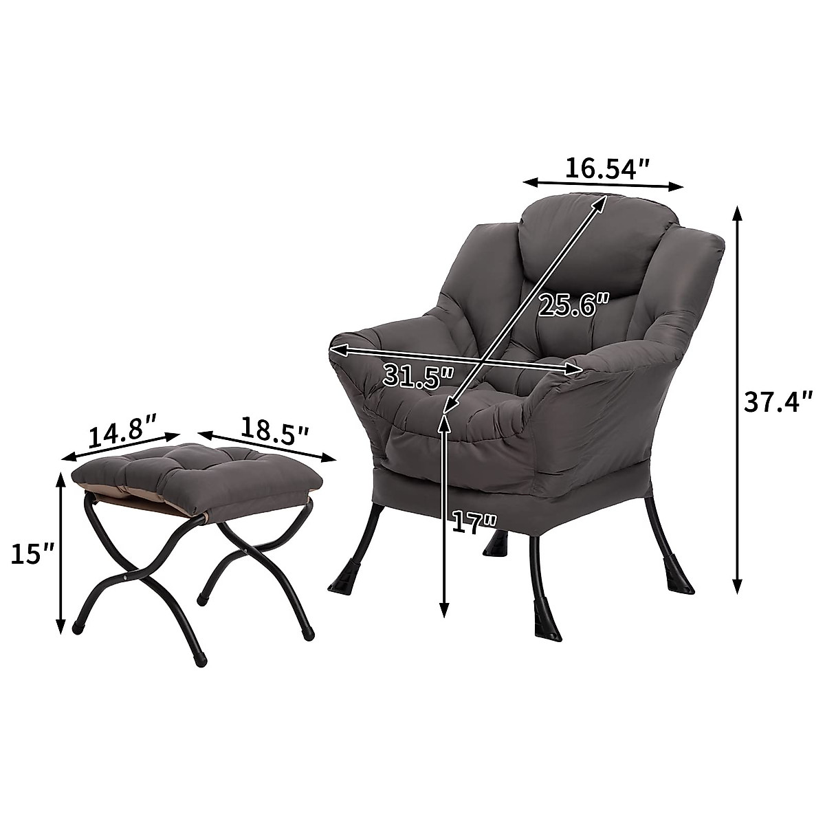 HollyHOME Fabric Lazy Chair with Foldable Ottoman, Accent Comfy Lounge Arm Chair and Folding Footrest Stool Set, Leisure Sofa Reading Chair and Footstool for Living Room, Bedroom, Dorm, Dark Grey