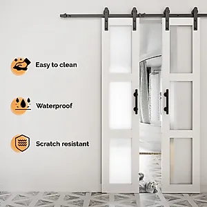 VINGLI 36in x 84in Glass Barn Door with 6.6ft Sliding Barn Door Hardware Kit &Handles, Pre-Drilled Holes Easy Assembly Solid Wood Slab White Sliding Door (Double 18"x84" Doors + 6.6' Track Kit)