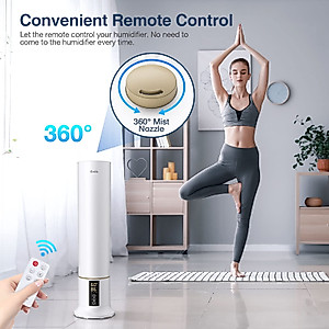 9L Large Humidifiers for Bedroom - Cool Mist Humidifier with 3 Mist Speeds, Remote Control, Top Fill Design, 360° Nozzle, 24H Timer | Whisper-Quiet Tower Design for Baby, Home, Adults, Plants