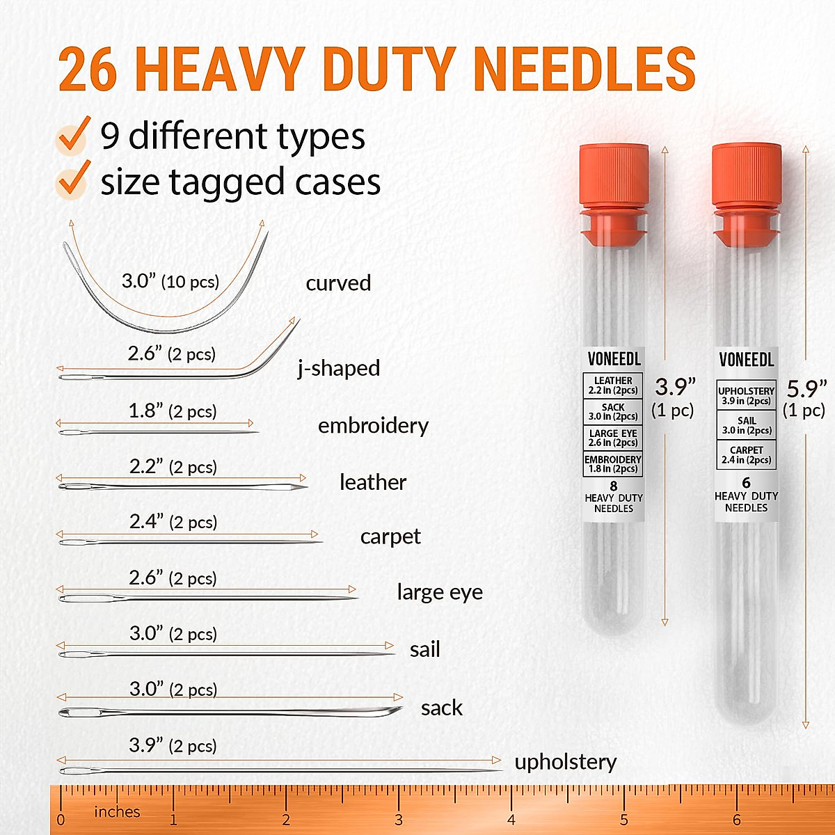 VONEEDL Heavy Duty Hand Sewing Needles Set - 26 Straight and Curved Hand Sewing Needles for Upholstery, Leather, Carpet, Canvas Repair and Sail Crafts