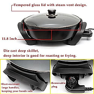Moss & Stone Round Nonstick Electric Skillet With Lid, Aluminum 12 Inch Electric Frying Pan, 2 Layers Of Non-Stick Coating, Adjustable Temperature Control, Lid With Steam Vent, Electric Deep Skillet