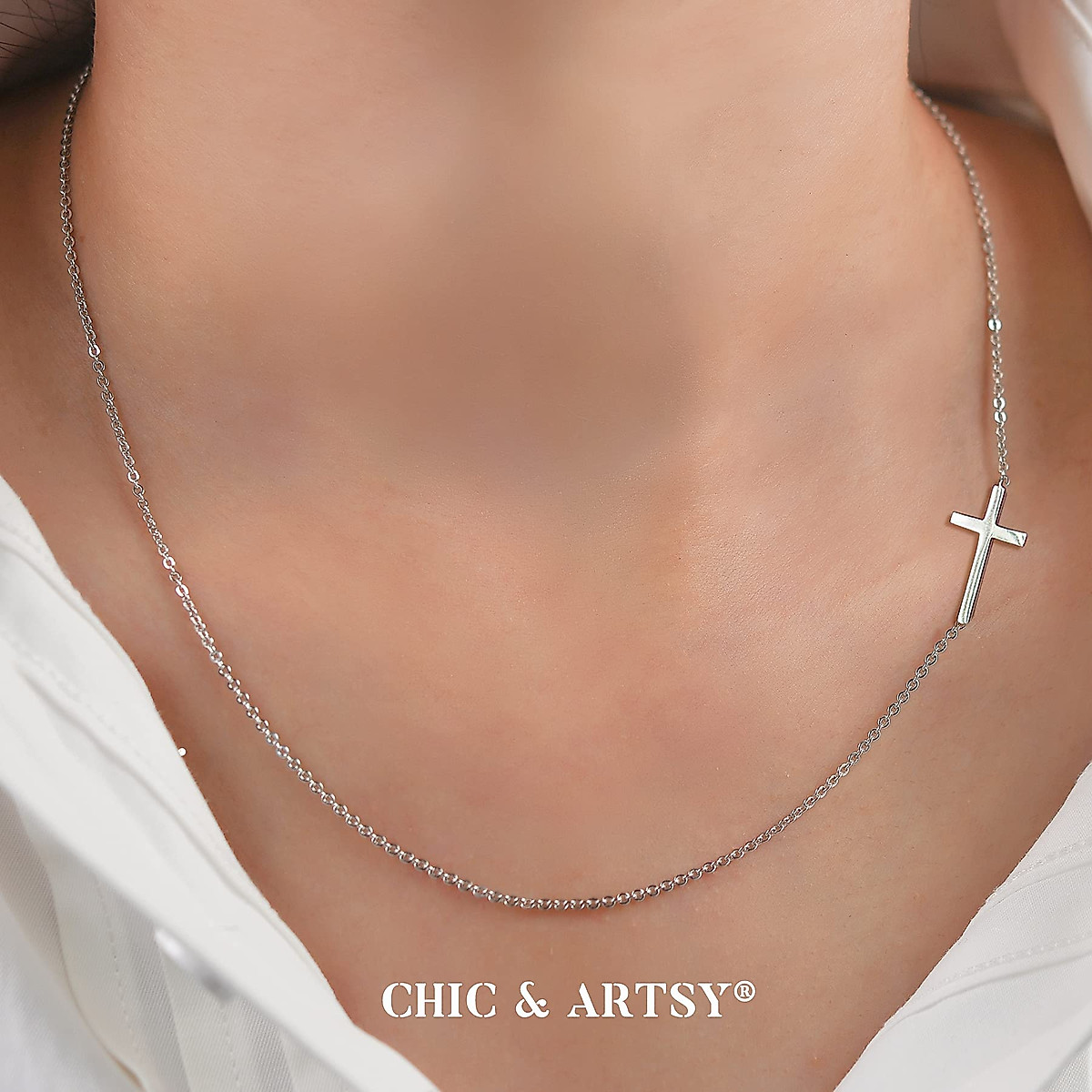 CHIC & ARTSY Cross Necklace for Women 925 Sterling Silver Sideways Cross Necklace Dainty Created Opal Cross Pendant Necklace Small Religious Necklace 16 to 18 Inches Adjustable