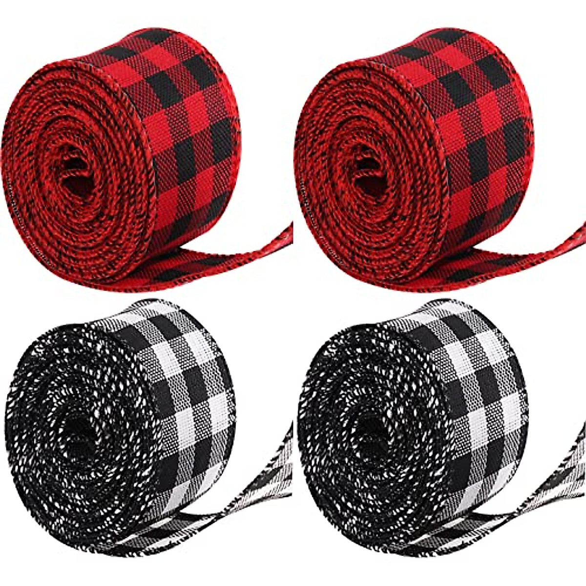 4 Rolls White Red Wired Edge Ribbon Christmas Plaid Ribbon and Burlap Craft Ribbon for DIY Wrapping Party Crafts Decor (4, White Red)