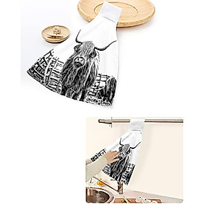 Farmhouse Yak Kitchen Towels with Hanging Loop 2 Pack, Absorbent Hand Towels for Bathroom, Grey Funny Cute Farm Animals Rustic Hand Kitchen Towel Tea Bar Dish Cloths Tie Towel 18"x14"