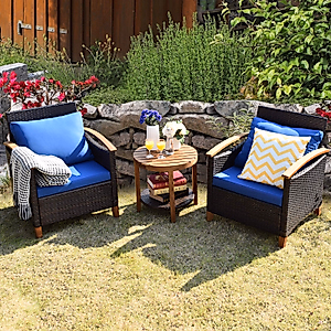 Tangkula 3 Pieces Patio Furniture Set, Outdoor Rattan Sofa and Side Table w/Solid Acacia Wood Frame, High Load Bearing Conversation Bistro Set w/Washable and Removable Cushions (Navy Blue)