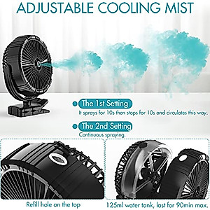 YONHISDAT Misting Fan Rechargeable 10000mAh Battery, 8-inch Mister Fan with Clip– 3 Speeds with Timer Function, 360° Rotatable Spray Fan for Camping, Home Office, Jobsite