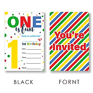 EUDOSI One is Fun 1st Birthday Party Invitations Supplies Fill-In Set of 20 with Envelopes Polka Dot 1st Birthday Bash Invites Cards, Double Sided