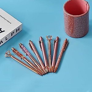 8 Pcs Rose Gold Ballpoint Pen with Pen Holder, Office Supplies Set Glitter Pen Metal Ballpoint Pens Crystal Diamond Pen Black Ink Desk Organizer for Women Girls Rose Gold Desk Accessories Gifts