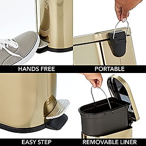 mDesign Small 2.6 Gallon Stainless Steel Metal Step Trash Can Garbage Bin for Bathroom, Bedroom, Home Office - D-Shape Trashcan with Foot Pedal/Lid, Removable Liner Bucket with Handles, Soft Brass