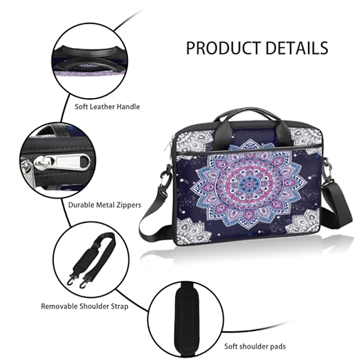 Floral Ethnic Mandala Laptop Computer Bag Waterproof Shoulder Messenger Bag 13-15 inch Durable Laptop Tote Bag with Shoulder Strap Handle Lightweight Crossbody Briefcase