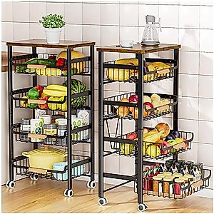 5-Tier Rolling Storage Cart with Wheels, Large Capacity Kitchen Cart, Mobile Utility Cart with Wooden Tabletop and Mesh Baskets, Bathroom, Laundry Room