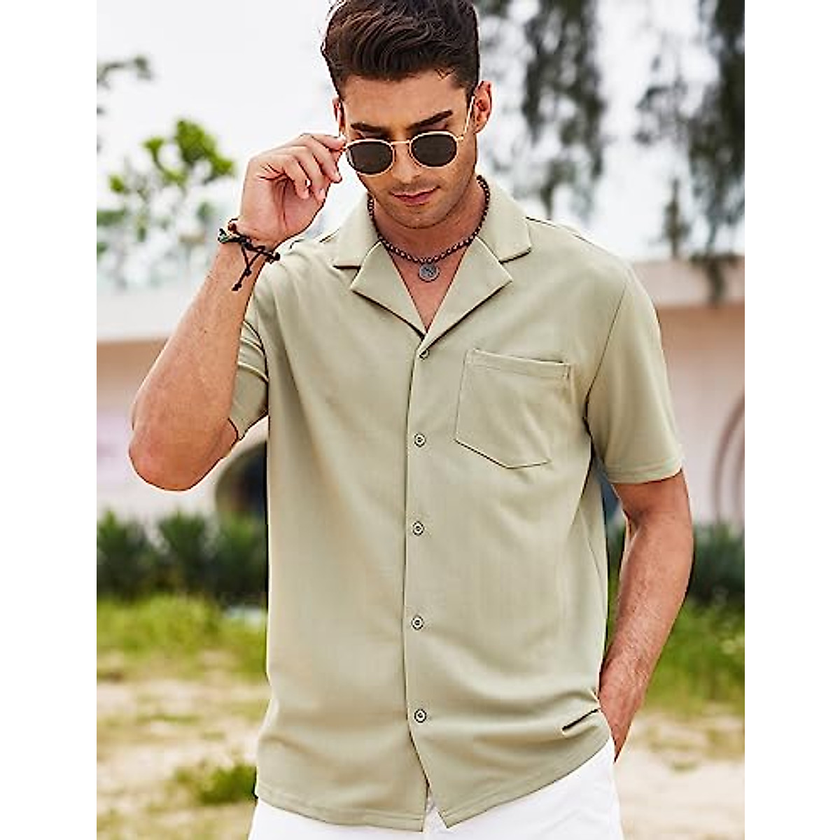 COOFANDY Men's Short Sleeve Button Down Shirt Wrinkle Free Untucked Dress Shirts Summer Beach Fitted Cuban Shirt Green