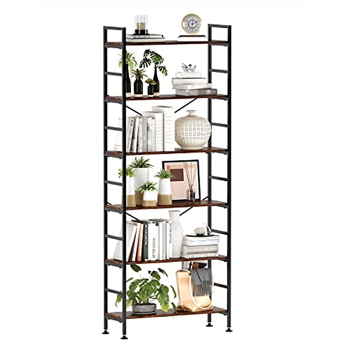 CosyStar 6-Tier Adjustable Tall Bookcase, Rustic Wood and Metal Standing Bookshelf, Industrial Vintage Book Shelf Unit, Open Back Modern Office Bookcases
