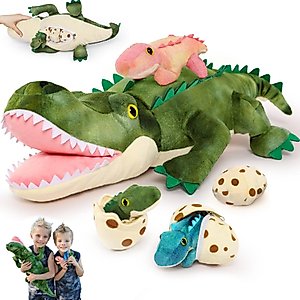 MorisMos Plush Alligator Stuffed Animal with Baby Alligators,23.6'' Mommy Stuffed Alligator with 3 Baby Crocodile Stuffed Animals & 3 Plush Eggs,Lifelike Alligator Toys for Kid Birthday