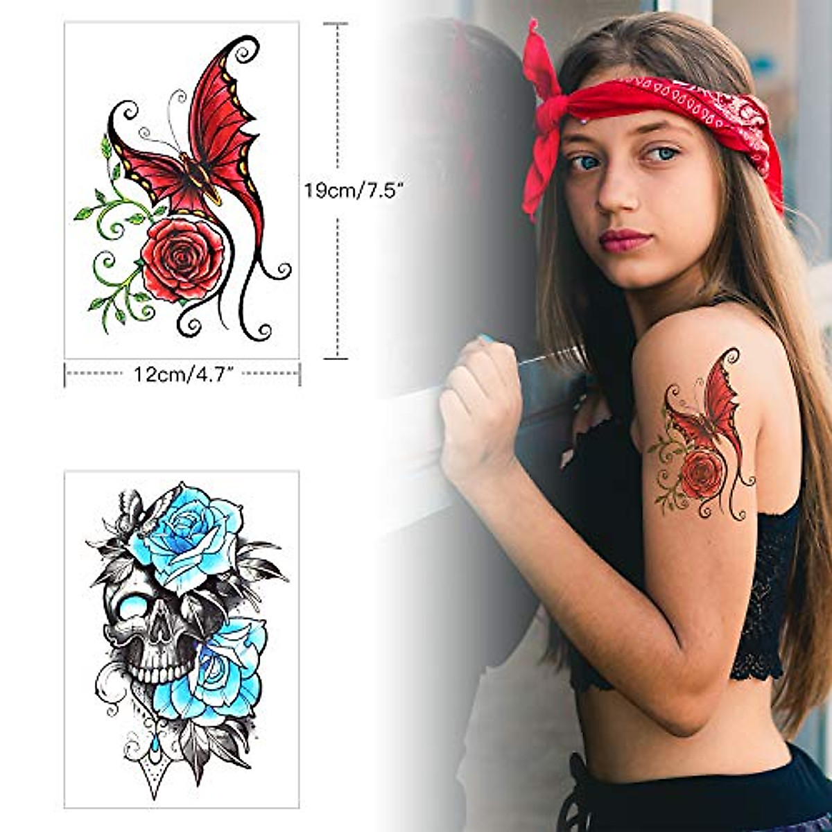 Konsait 15 Sheets Flower Temporary Tattoos for Women, Half Arm Tattoos Sleeves Stickers, Rose Flower Skull Butterfly Fake Tattoos, Arm Chest Shoulder Decorations Tattoos for Adults Girls Kids