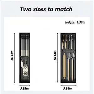 Black Kitchen Drawer Organizer with Two Adjustable Compartments,Flatware Organizer for Silverware,Cutlery or Kitchen Gadgets,Aluminum Body, Plastic Sliding Partition Plate and Handles (5.9W×16.14L)