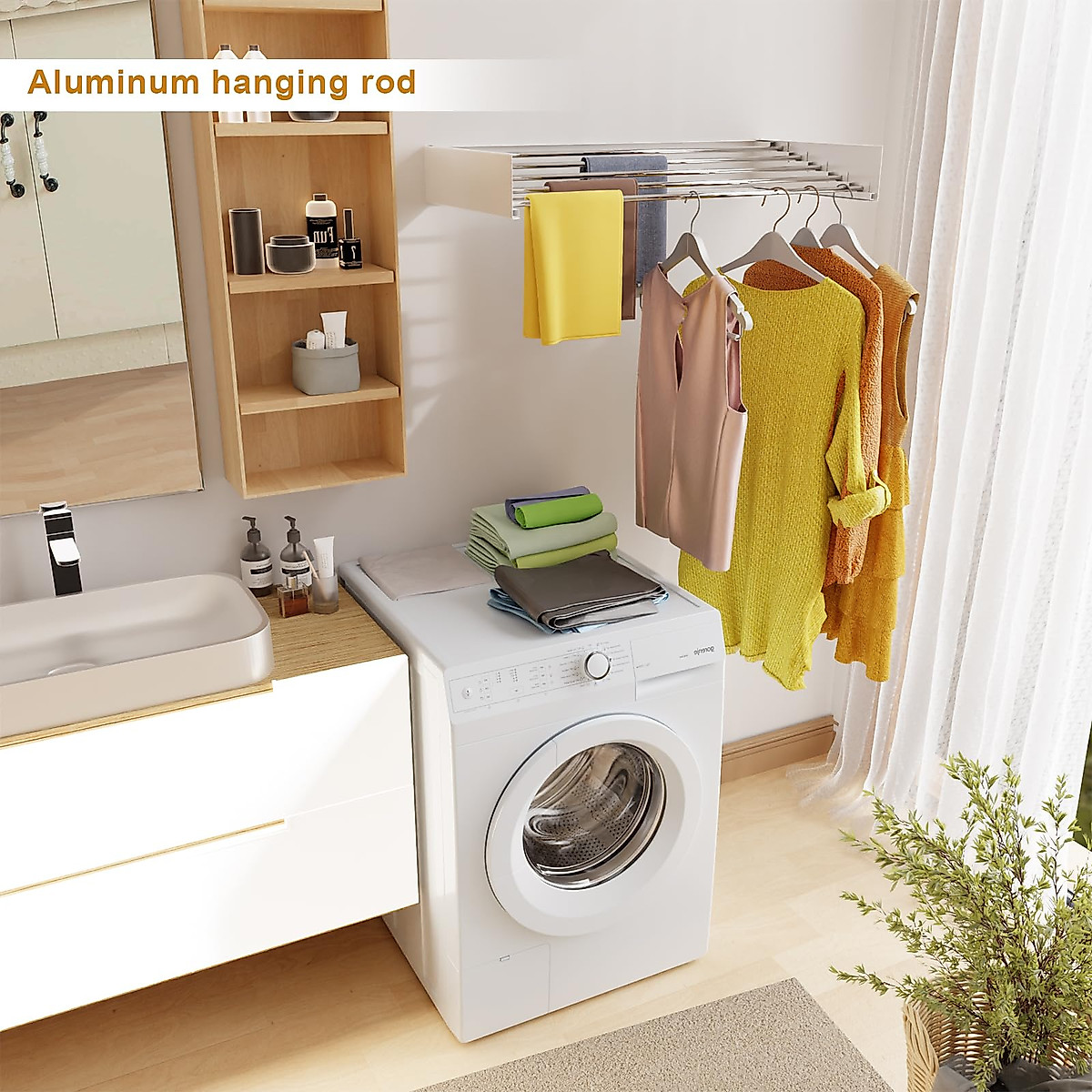 GLDDAO Wall Drying Rack,Wall Mounted Clothes Drying Rack,Wall Mounted Clothes Drying Rack 40" Wide 13.2 Linear Ft 5 Aluminum Rods 60 lb Capacity(White 40‘’)