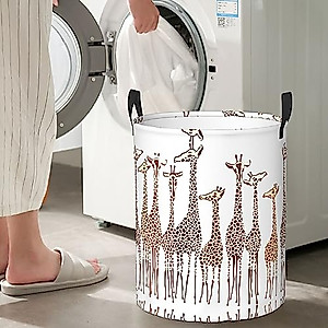 Cute Wild Cartoon Giraffes Printed Round Laundry Hamper,Collapsible Clothes Hamper Storage With Handle,Canvas Fabric Waterproof Storage Bin
